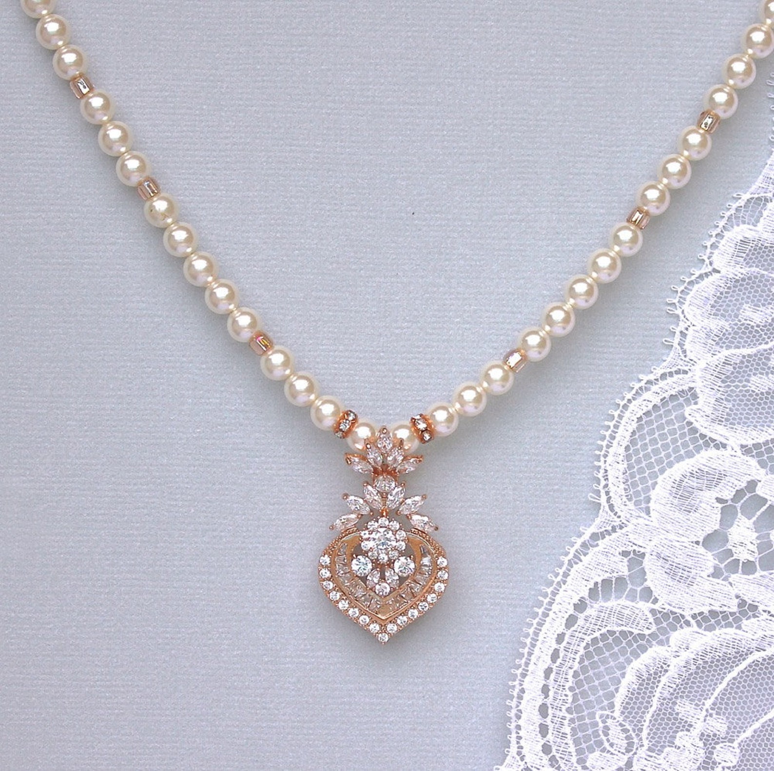 Rose Gold Crystal Necklace Pearl Bridal Necklace Silver - Etsy