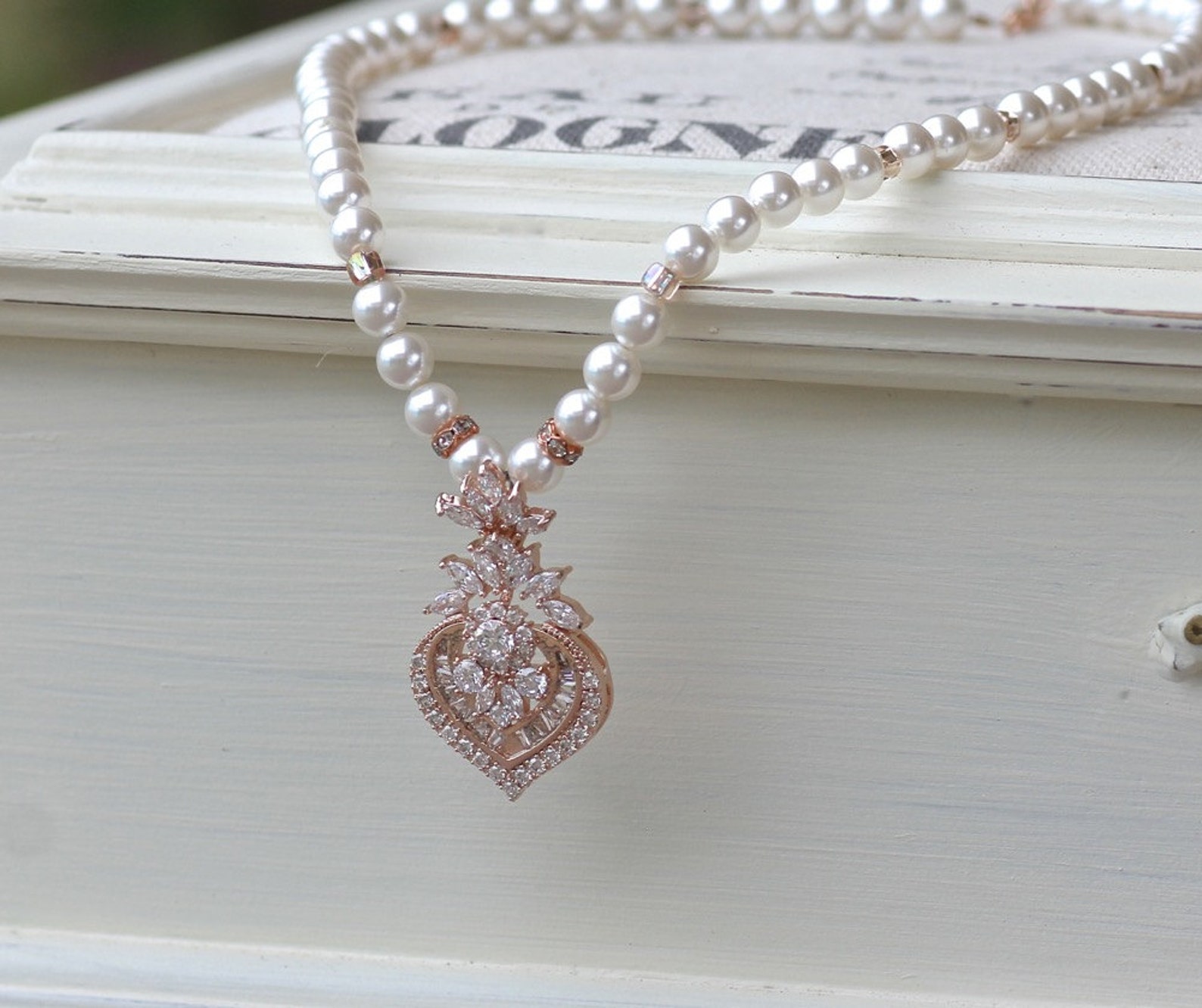 Rose Gold Crystal Necklace Pearl Bridal Necklace Silver - Etsy