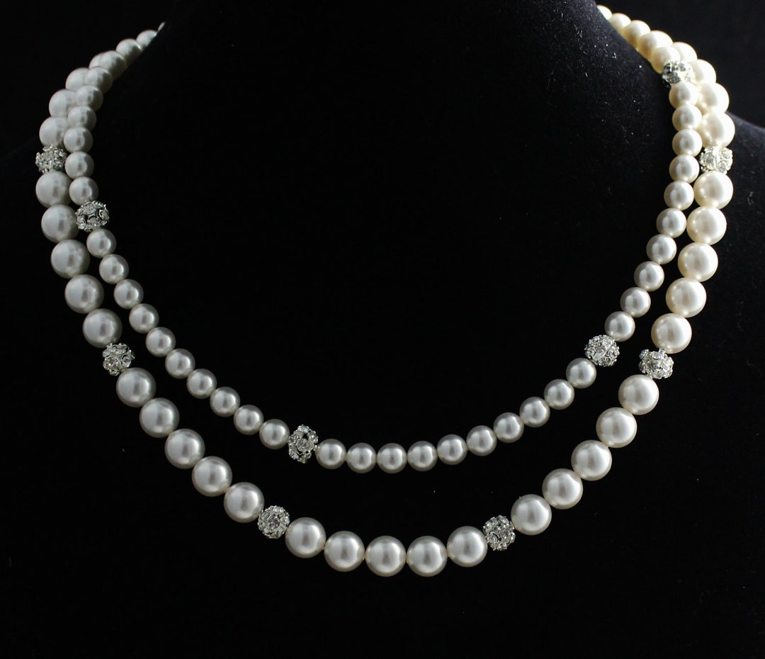 Pearl Bridal Necklace, Two Strand Pearl & Crystal Wedding Necklace ...