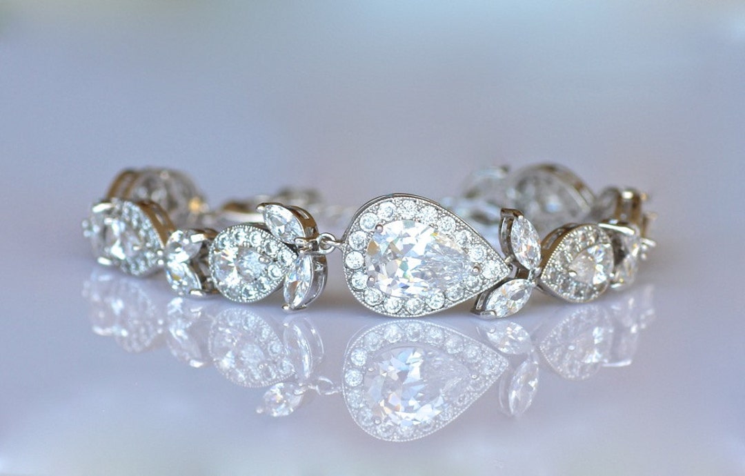 White Gold Bracelet, Crystal Bridal Bracelet, Teardrop Crystal Bracelet ...