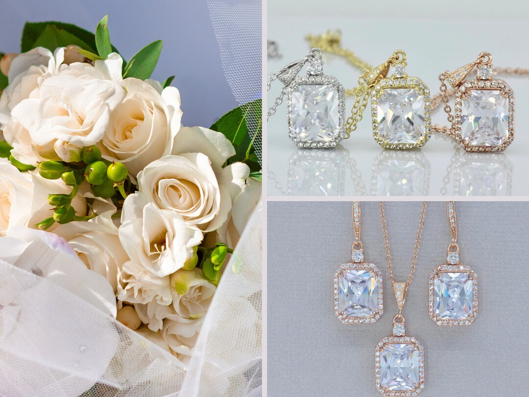 Square Crystal Jewelry Set,rose Gold Emerald Cut Crystal Bridal ...