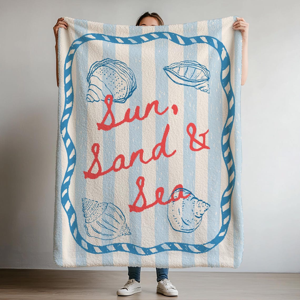 Blue Striped Beach Blanket: Velveteen Coastal Throw, Ocean Lover Gift ...