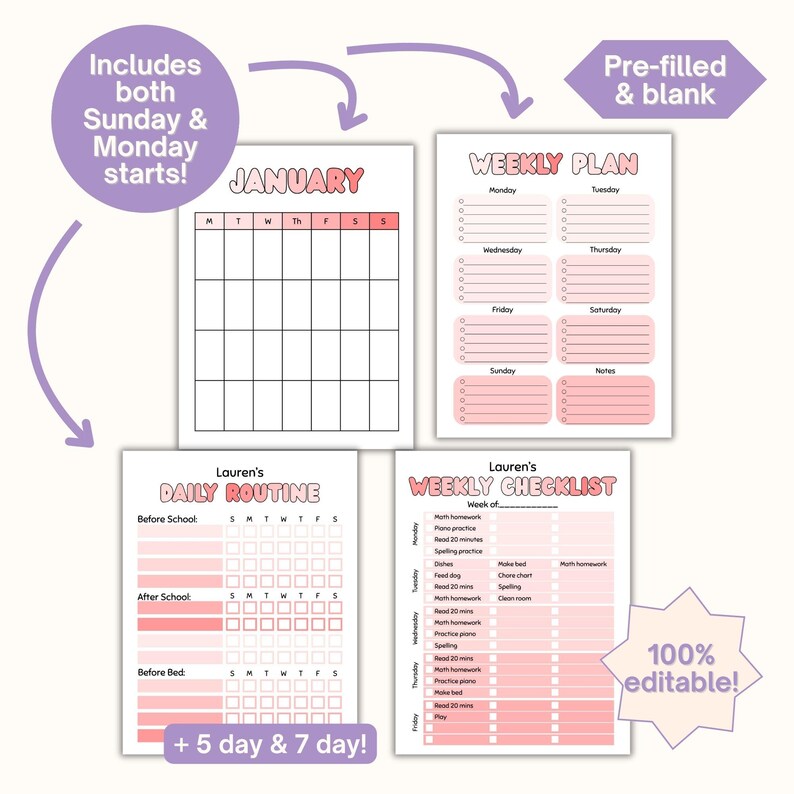 Editable Chore Chart Bundle for Kids Pink Chore Checklist ...