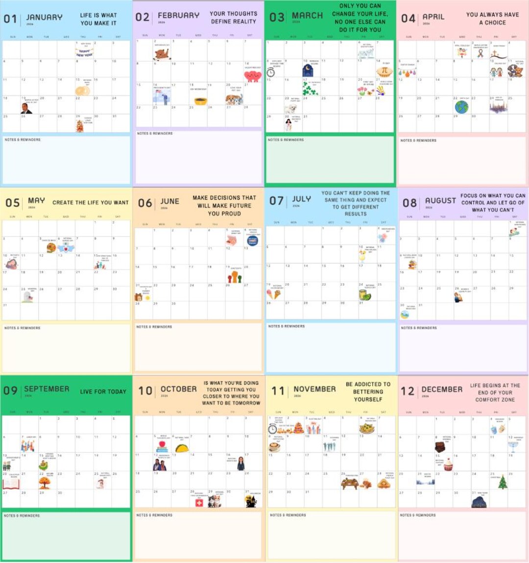 2026 Digital Wall Calendar | Motivational Quotes | Full Year Planner ...