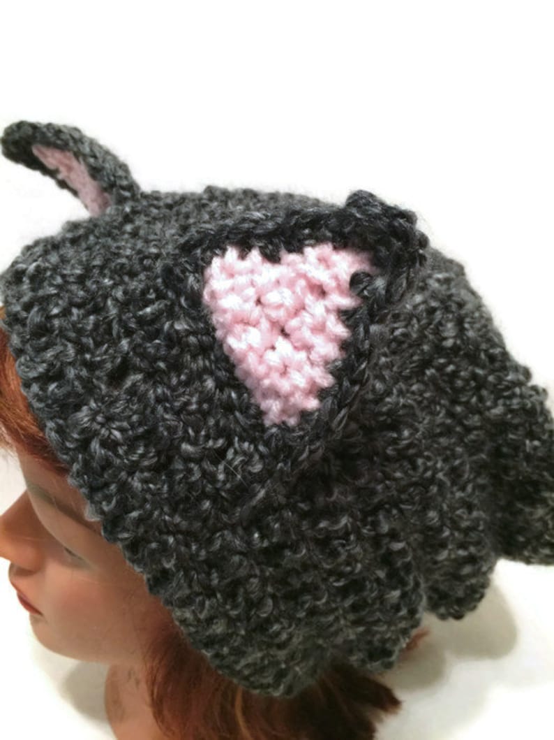 Grey Cat Hat Slouchy Cat Hat Black Kitty Ears Fuzzy Cat - Etsy