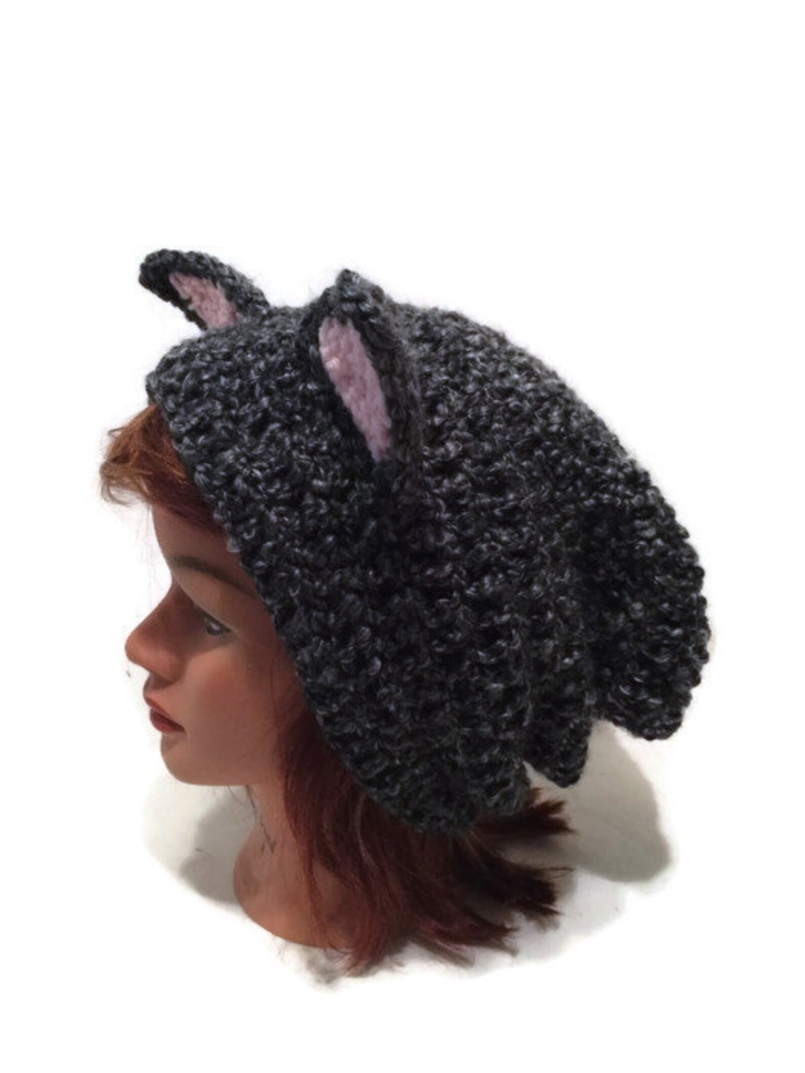 Grey Cat Hat Slouchy Cat Hat Black Kitty Ears Fuzzy Cat - Etsy