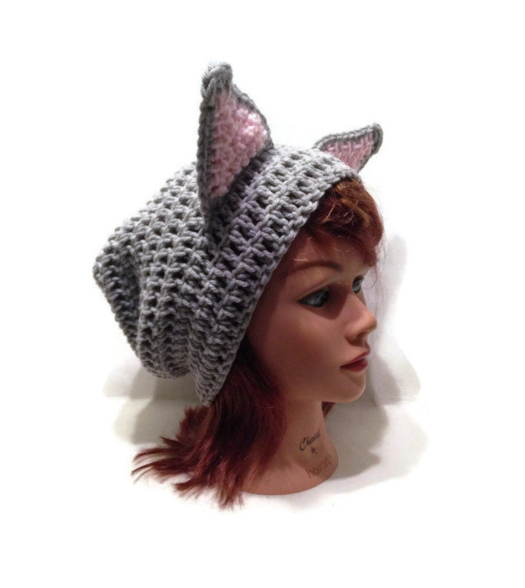 Grey Cat Hat, Slouchy Cat Beanie, Grey Kitty Ears, Hat With Cat Ears ...