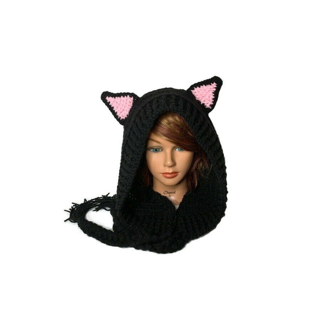 Black Cat Hood, Cat Cosplay, Festival Hoods, Crochet Cat Hat, Hat With ...