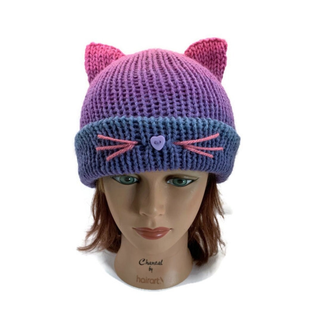 Ombre Cat Hat, Knit Cat Beanie, Maximalist Fashion Hat, Kawaii Cat ...