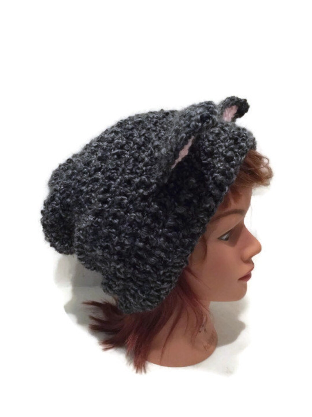 Grey Cat Hat, Slouchy Cat Hat, Black Kitty Ears, Fuzzy Cat Beanie, Cat ...