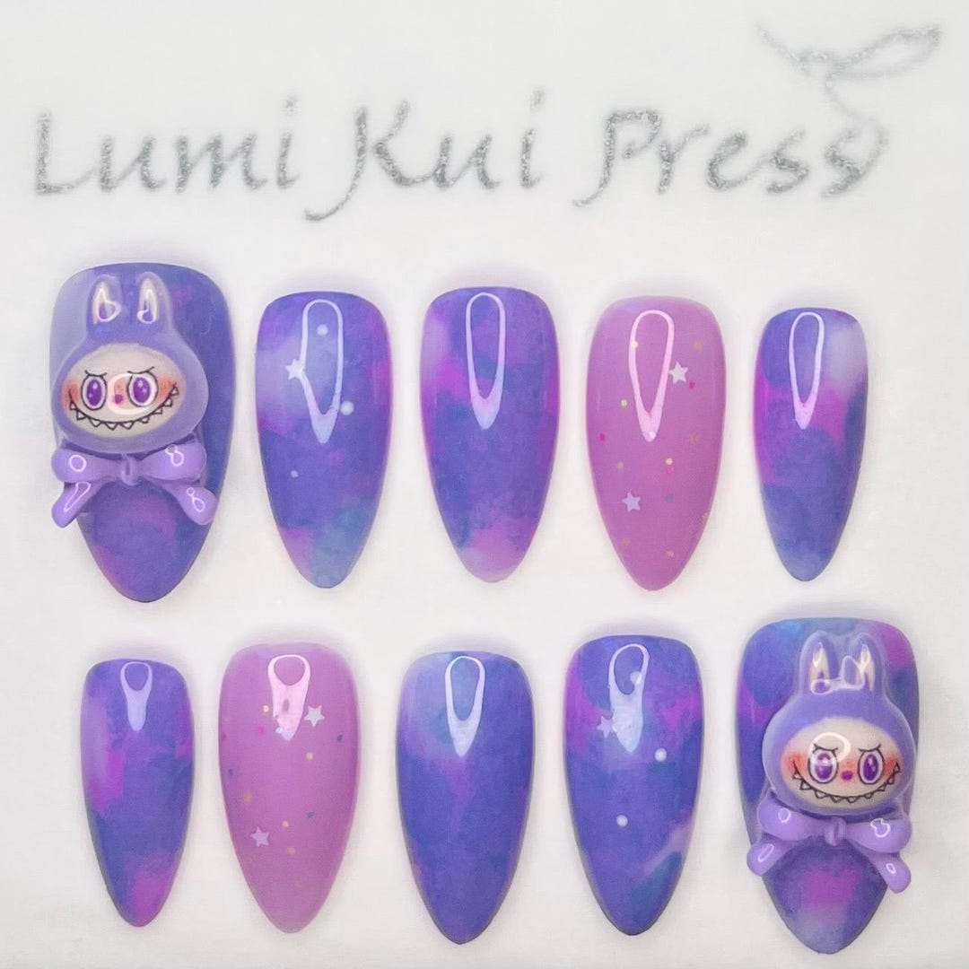 Labubu Press on Nails: Hand Painted Apres Gel X Nail Tips - Etsy