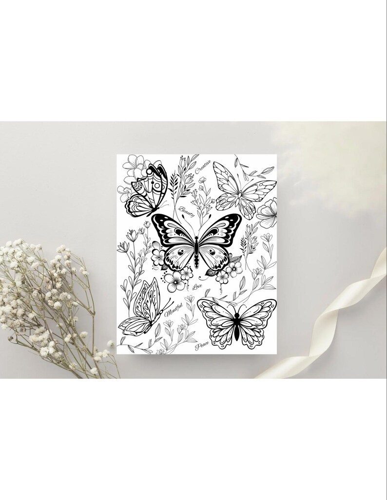 Butterfly Adult Coloring Page – Printable Floral Affirmation Sheet for ...