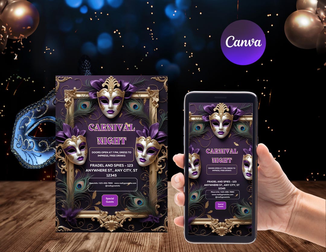 Masquerade Carnival Invitation With RSVP & QR Code | 3 Editable ...