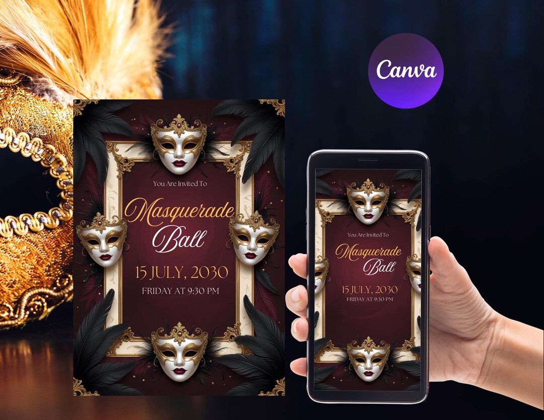 Masquerade Ball Invitation Bundle Editable | 5x7 Printable, Mobile ...