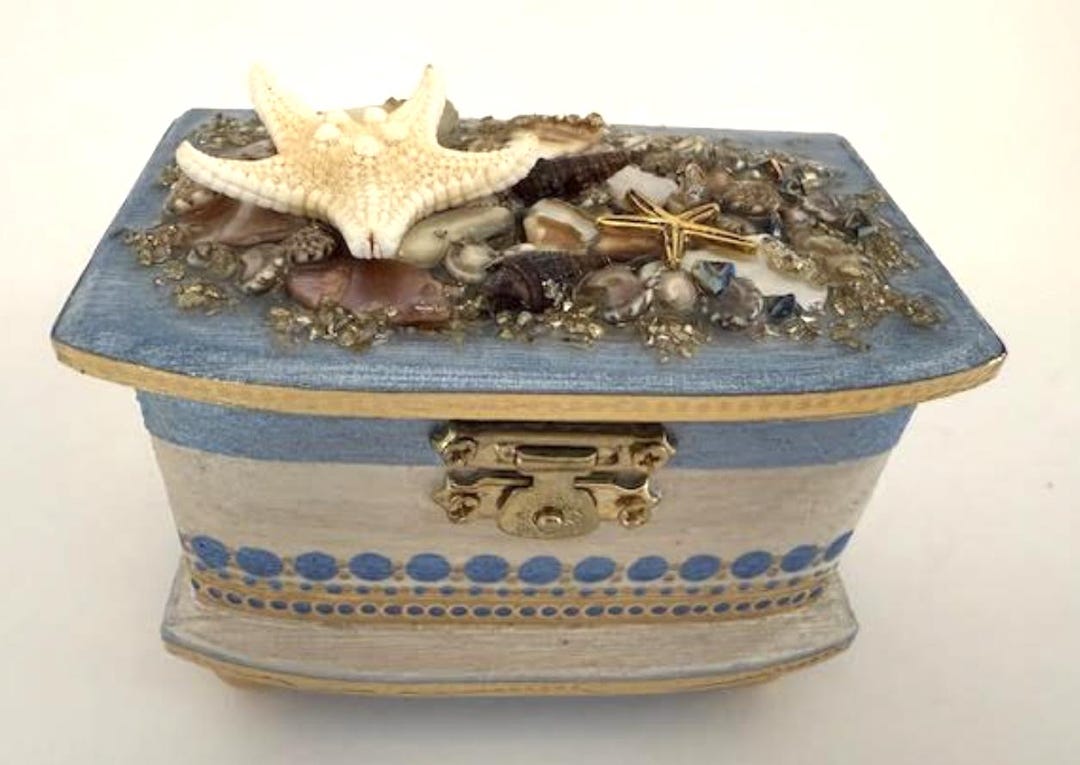 Small Cute Fairy Tale Beach Ocean Blue Wood Jewelry Box With Seashells ...
