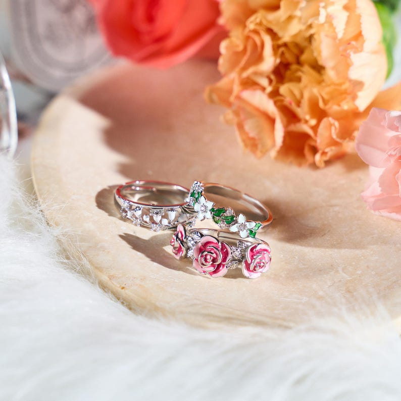 Adjustable Birth Flower Ring—unique Design, Premium Plating and Enamel ...