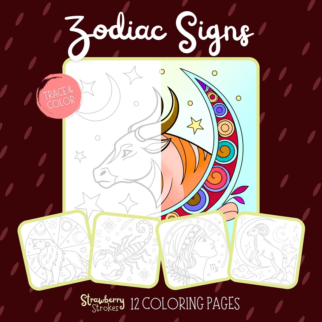Trace & Color - ZODIAC SIGNS Collection, 12 Coloring Pages, Printable ...
