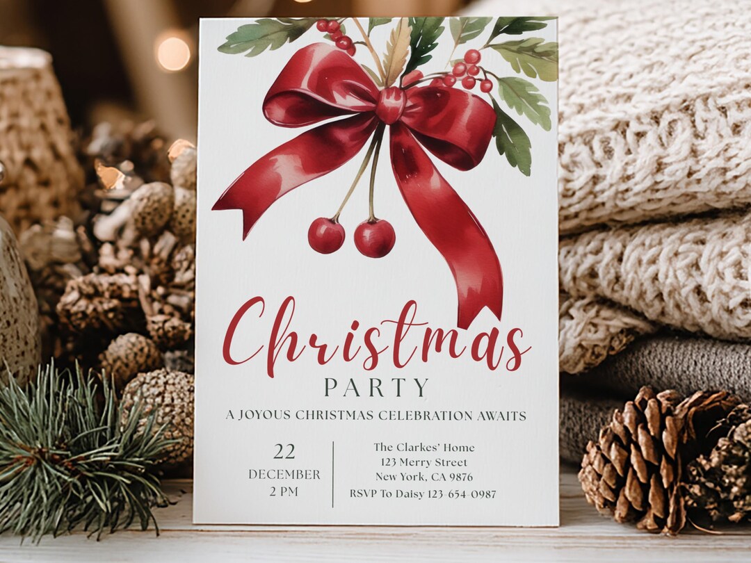 Festive Red Bow Christmas Party Invitation Template - Editable Canva ...
