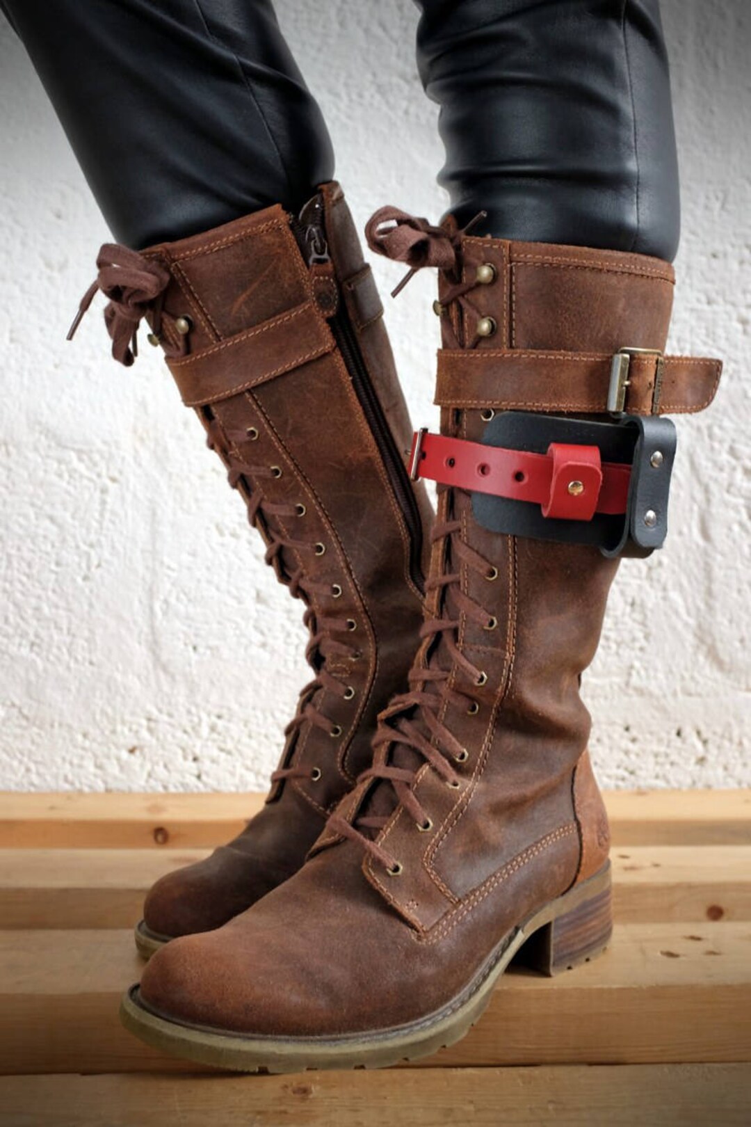 Leather Boot Strap in Black and Red - Etsy New Zealand
