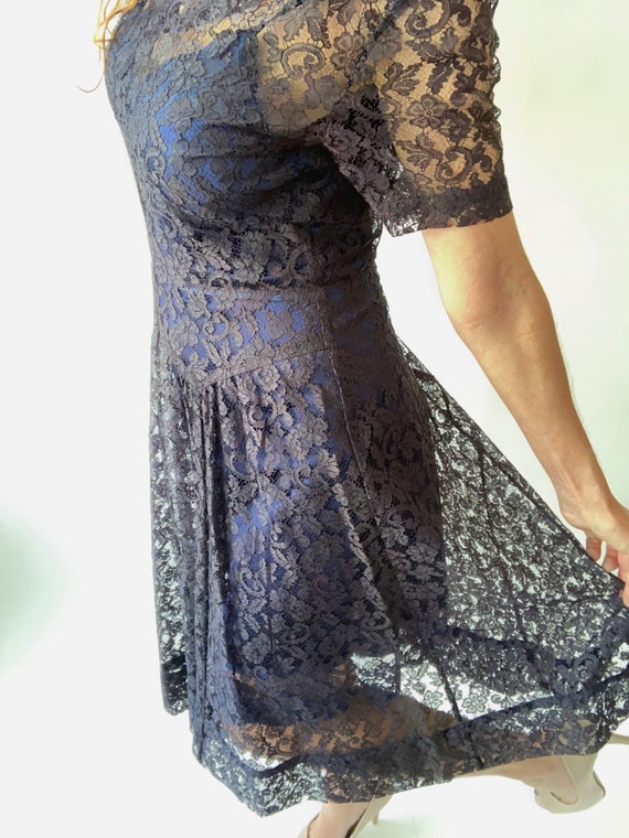 1930’s Sheer Navy Blue Lace Dress Fit and Flare Rocka… - Gem