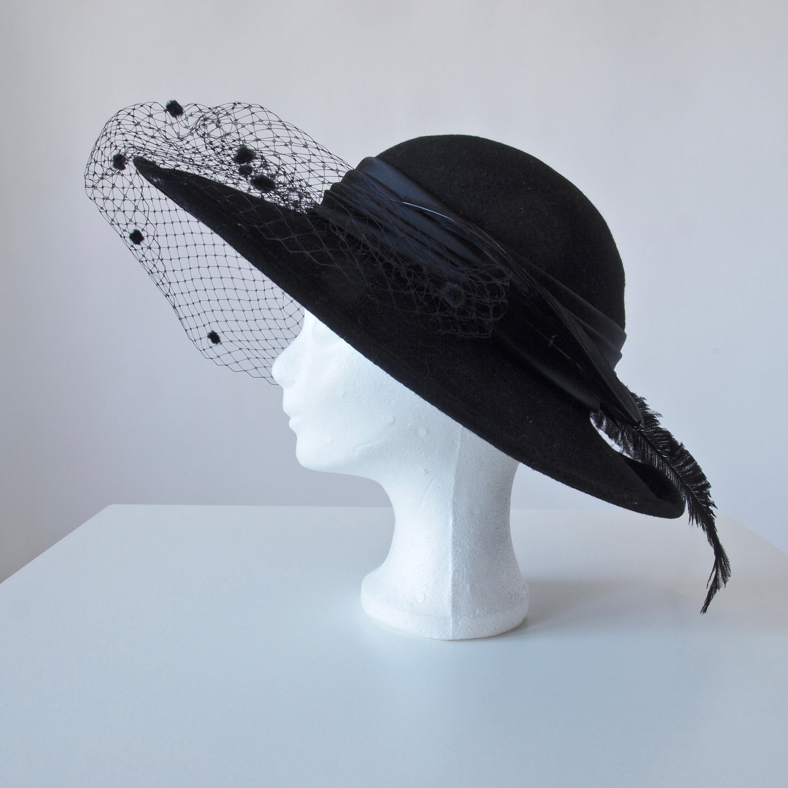 Michael Howard Black Felt Georgi Hat With Satin Band and Long Feathers ...