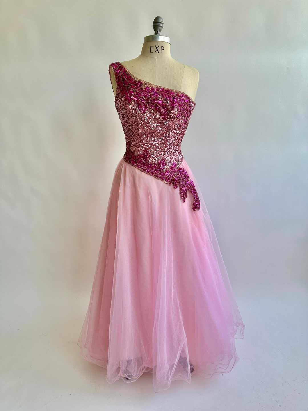 Mike Benet Pink Tulle Prom Dress 1970's Beaded One Shoulder Pageant XS ...