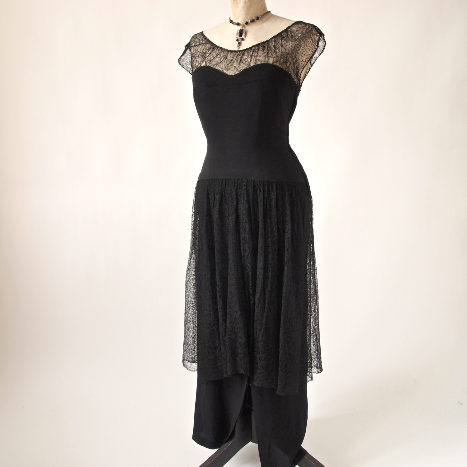 30's Long Dress Black Lace and Rayon Crepe Drop Princess Waist Peplum ...