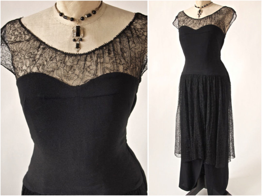 30's Long Dress Black Lace and Rayon Crepe Drop Princess Waist Peplum ...