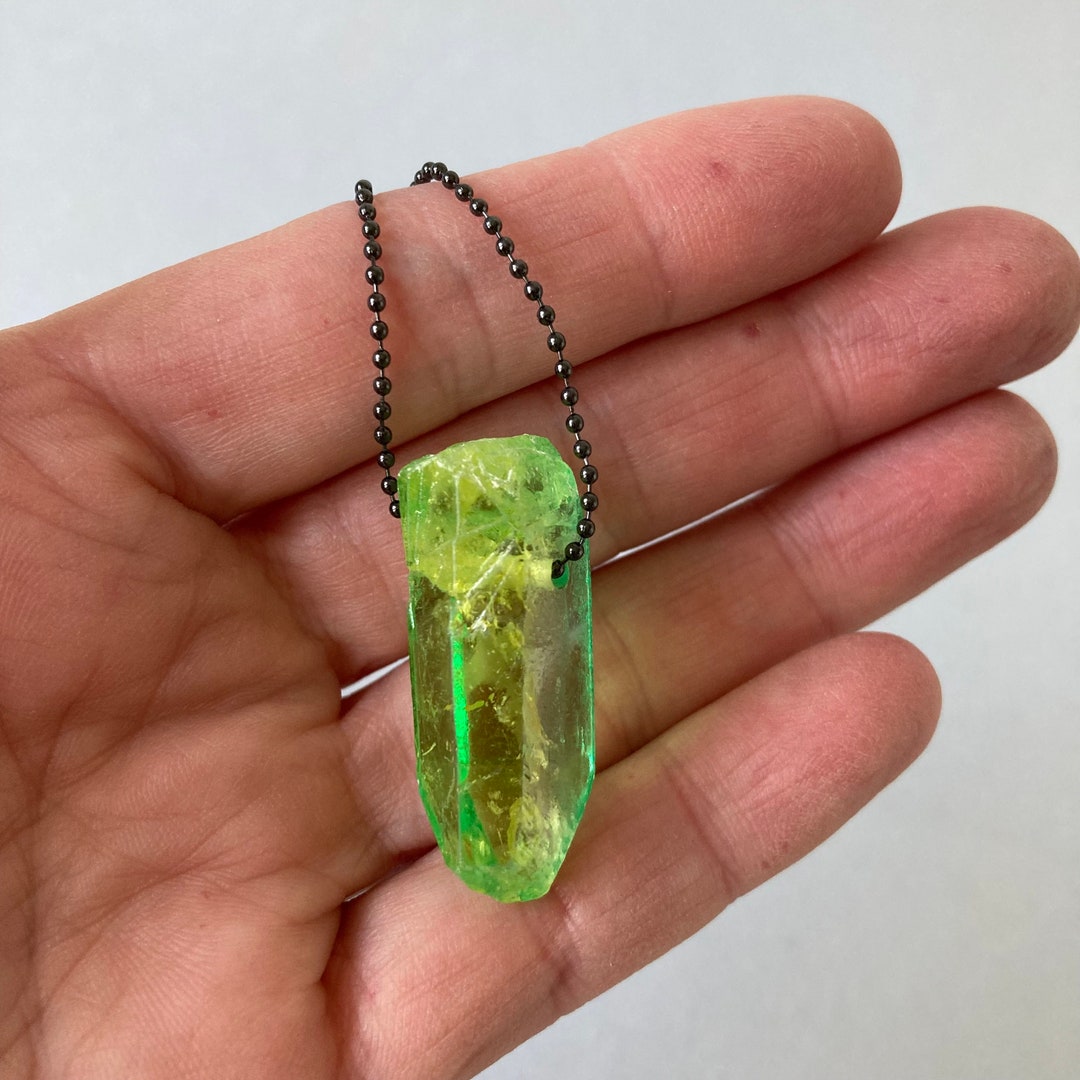 Treated Lime ‘kryptonite’ Quartz Crystal on Black Ball Chain Handmade ...