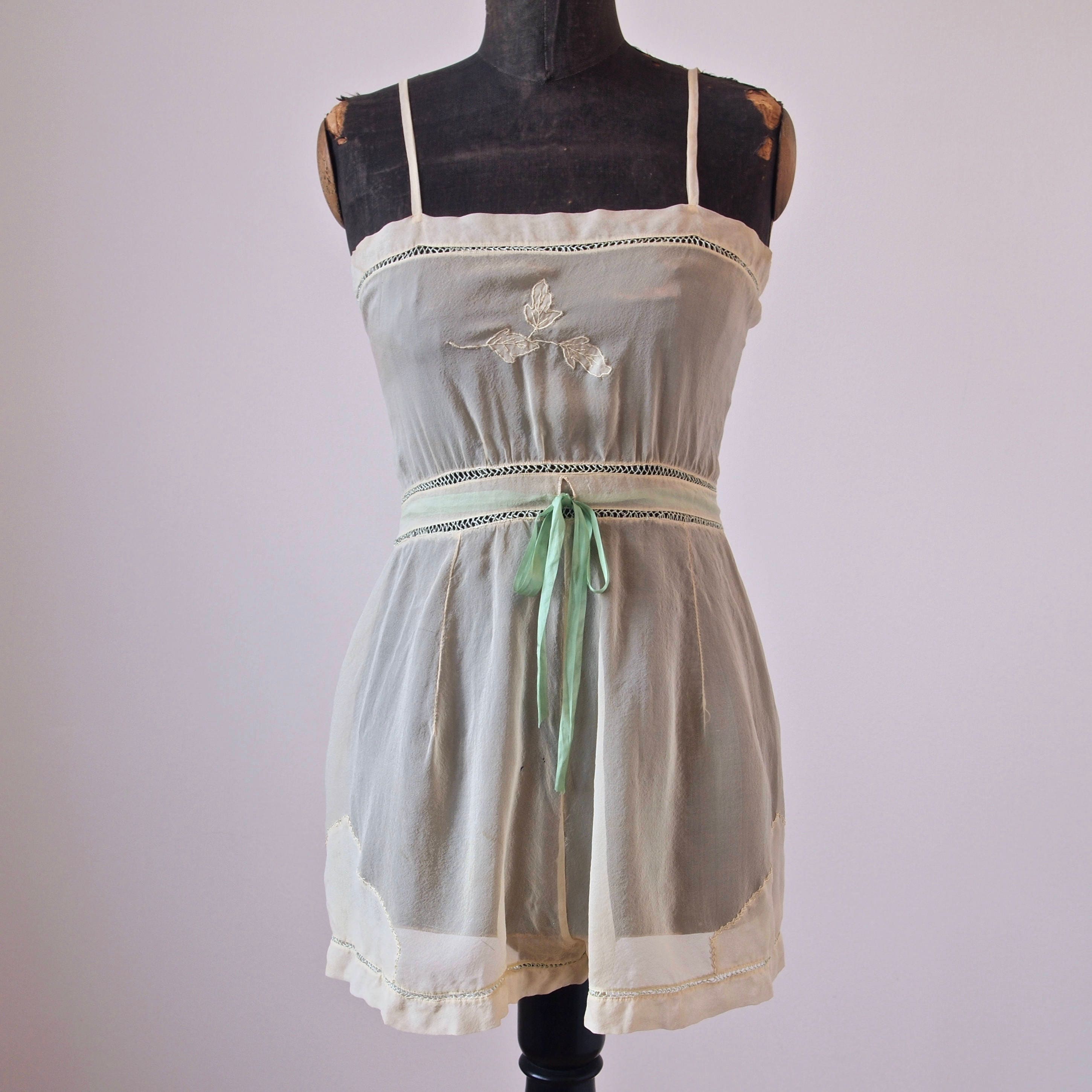 Vintage 20's Flapper Teddy Silk Chiffon Embroidered Step in Onesie ...