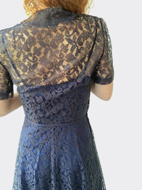 1930’s Sheer Navy Blue Lace Dress Fit and Flare Rocka… - Gem