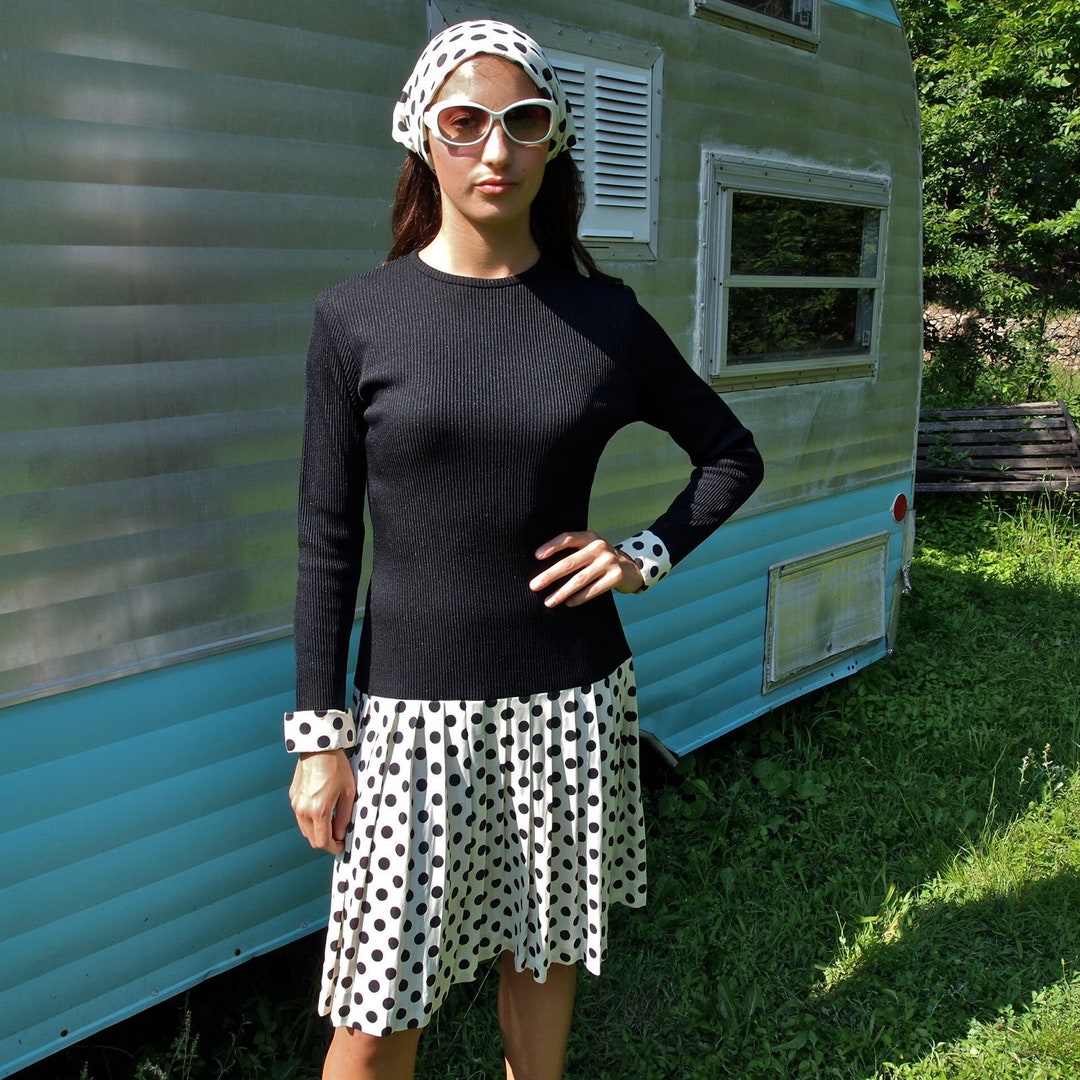 60s Serbin by Muriel Ryan Dress Black and White Polka Dot Pleated Drop ...