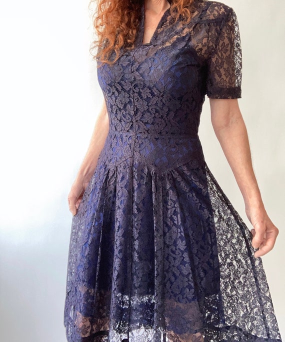 1930’s Sheer Navy Blue Lace Dress Fit and Flare Rocka… - Gem
