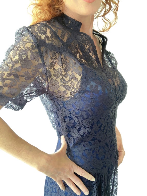 1930’s Sheer Navy Blue Lace Dress Fit and Flare Rocka… - Gem