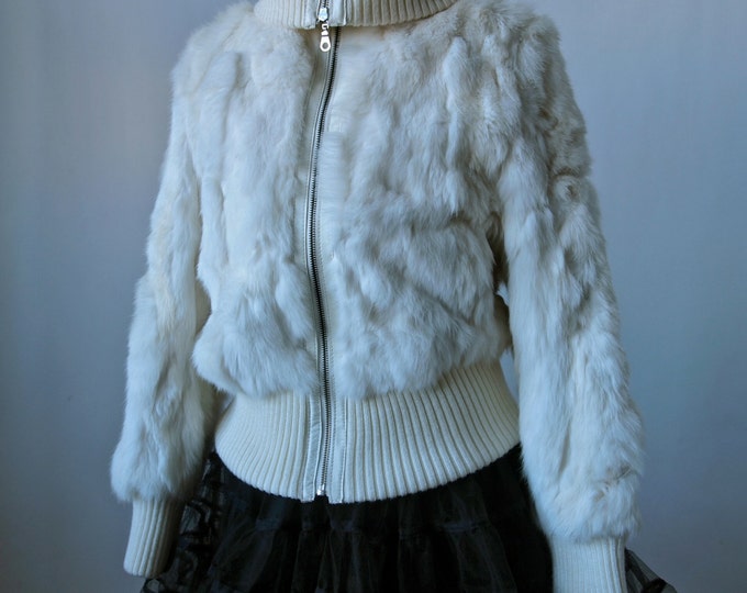 Vintage Ivory White Rabbit Fur Bomber Jacket With Leather Trim Knit ...