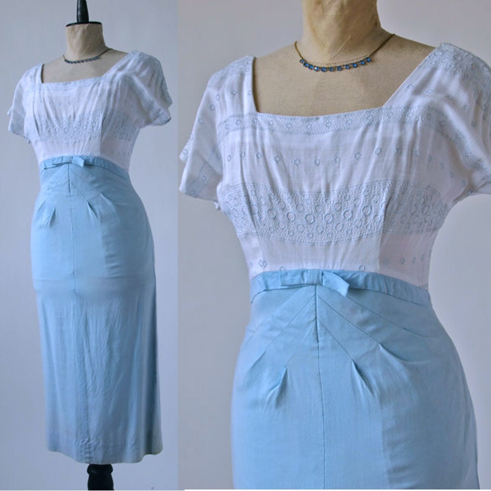 50's/60's Blue and White Wiggle Dress Richard Frontman Embroidered ...