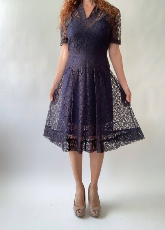 1930’s Sheer Navy Blue Lace Dress Fit and Flare Rocka… - Gem