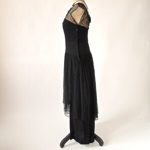 30's Long Dress Black Lace and Rayon Crepe Drop Princess Waist Peplum ...