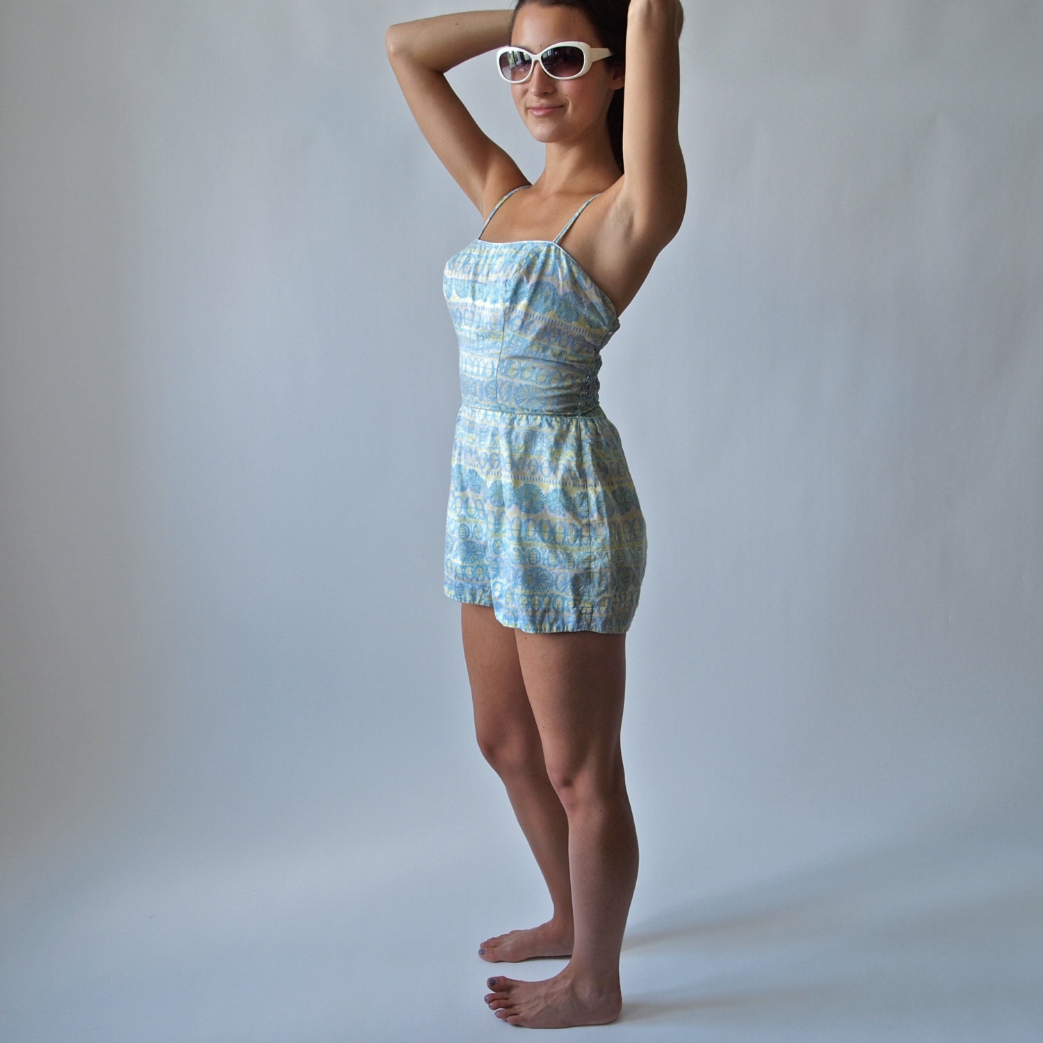 Vintage Blue and Chartreuse Pattern Swimsuit Playsuit - Etsy
