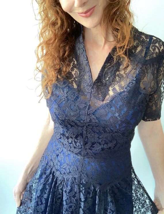 1930’s Sheer Navy Blue Lace Dress Fit and Flare Rocka… - Gem