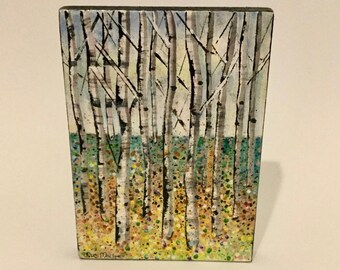 Original Art Paintings Small Mini Wood Block Birch Trees. | Etsy