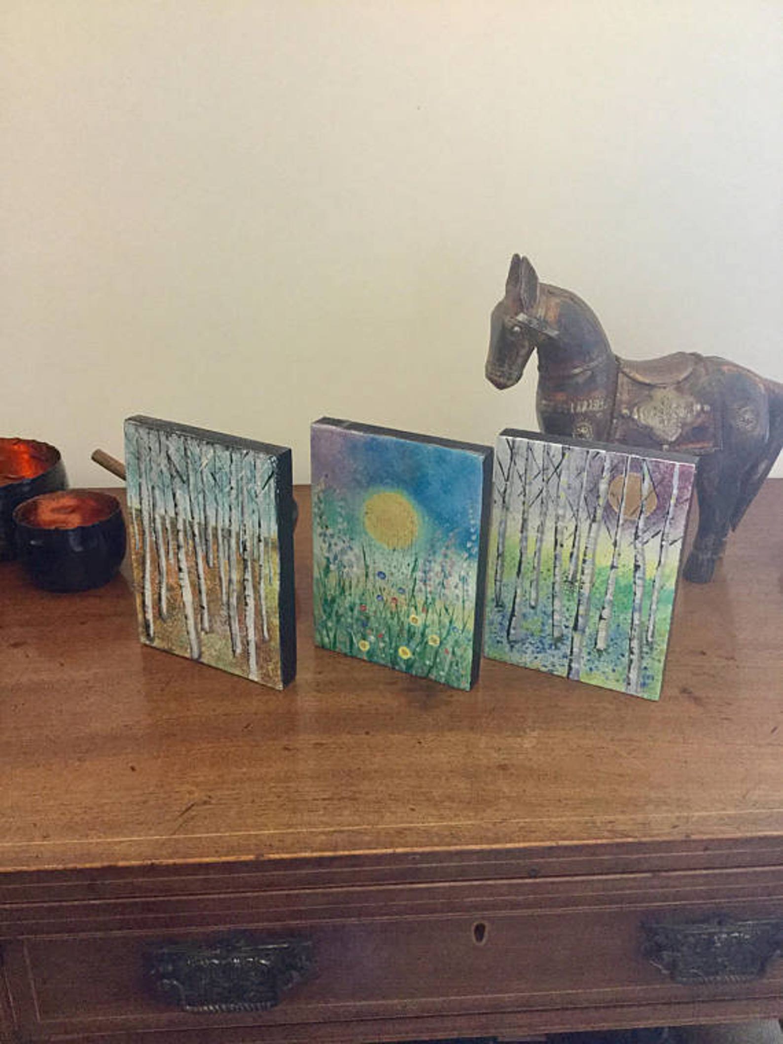 Original Art Paintings, Small Mini Wood Block, Birch Trees. - Etsy