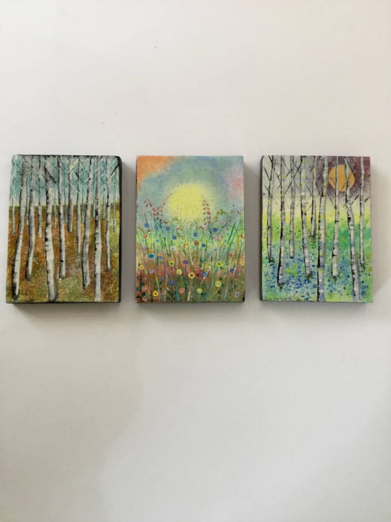 Original Art Paintings, Small Mini Wood Block, Birch Trees. - Etsy