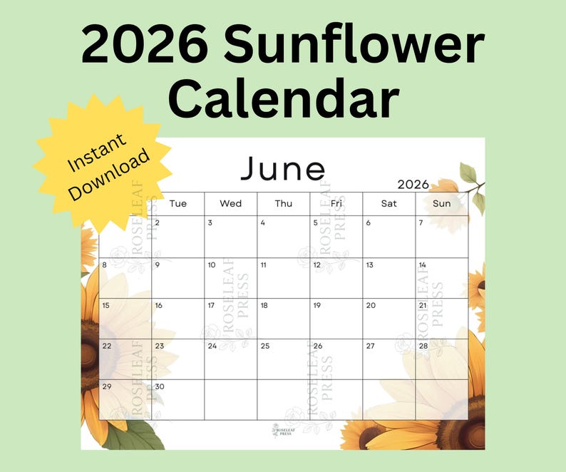 2026 Floral Sunflower Printable Calendar, Floral Wall Calendar, Monthly ...