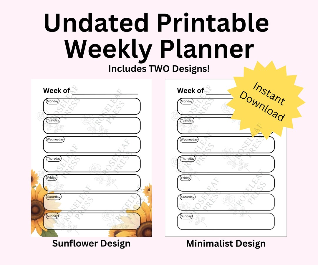 Printable Weekly Planner PDF, Minimalist Weekly Planner, Sunflower ...