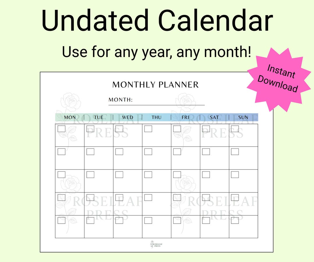 Undated, Fillable, Printable Calendar, 2025, 2026, Monthly, Minimalist ...