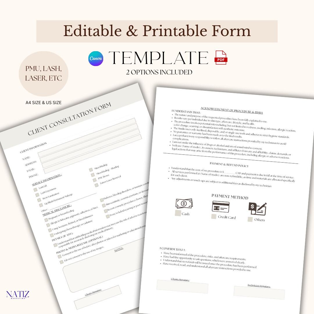 Lash & Brow Client Consent Form | Editable Beauty Salon Intake (instant ...