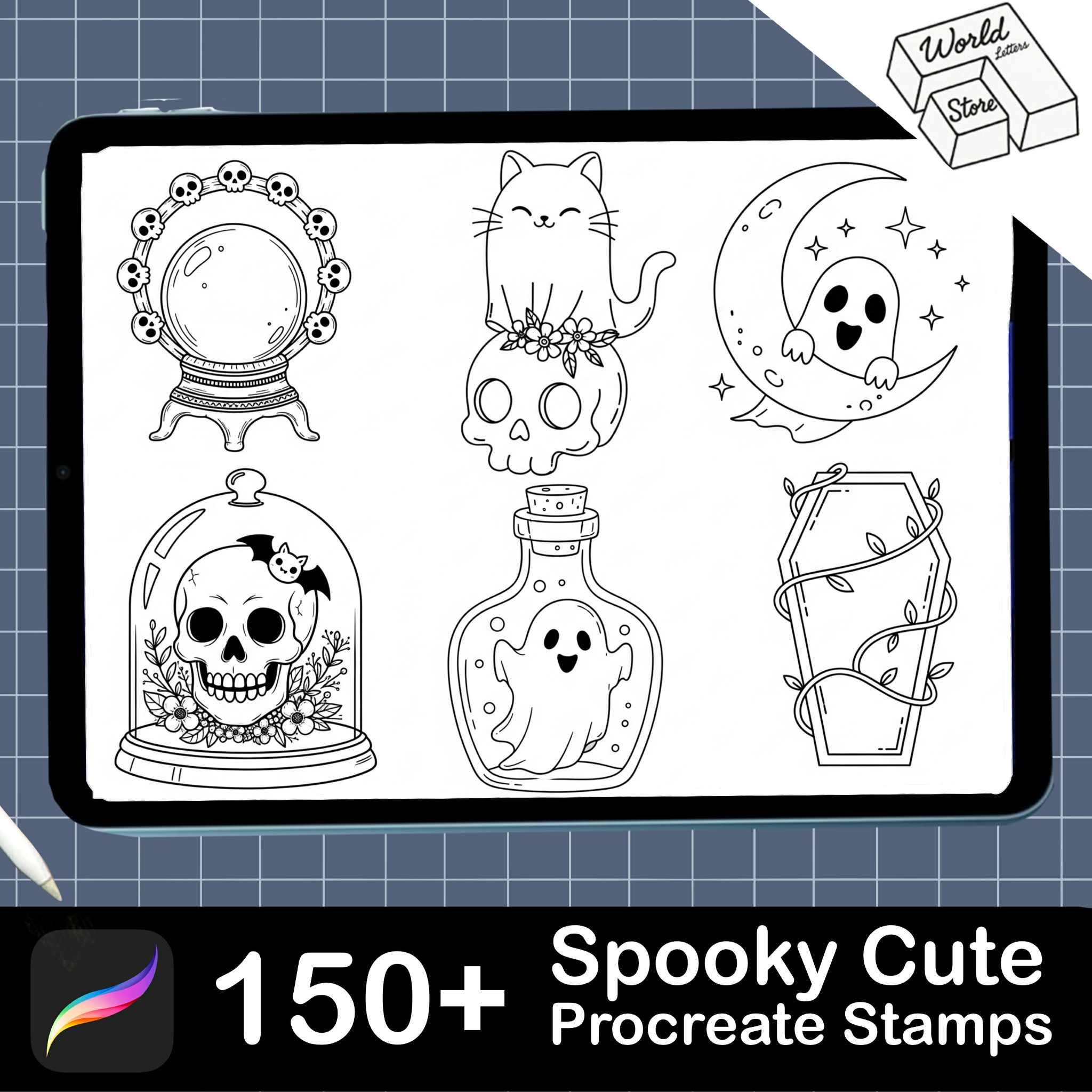 Spooky Cute Procreate Stamps | Skulls, Ghosts, Flowers (digital Brush ...
