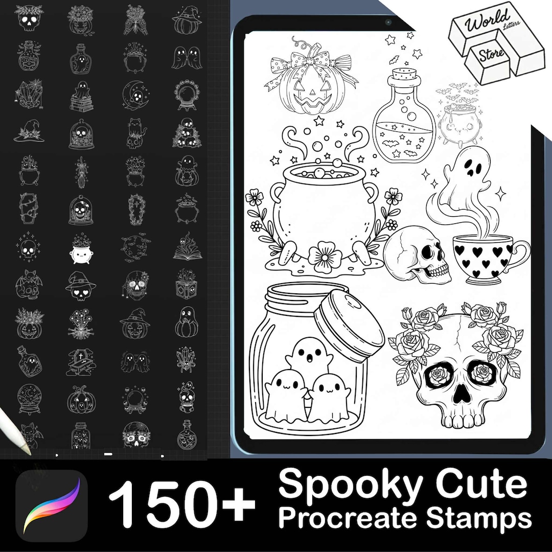 Spooky Cute Procreate Stamps | Skulls, Ghosts, Flowers (digital Brush ...