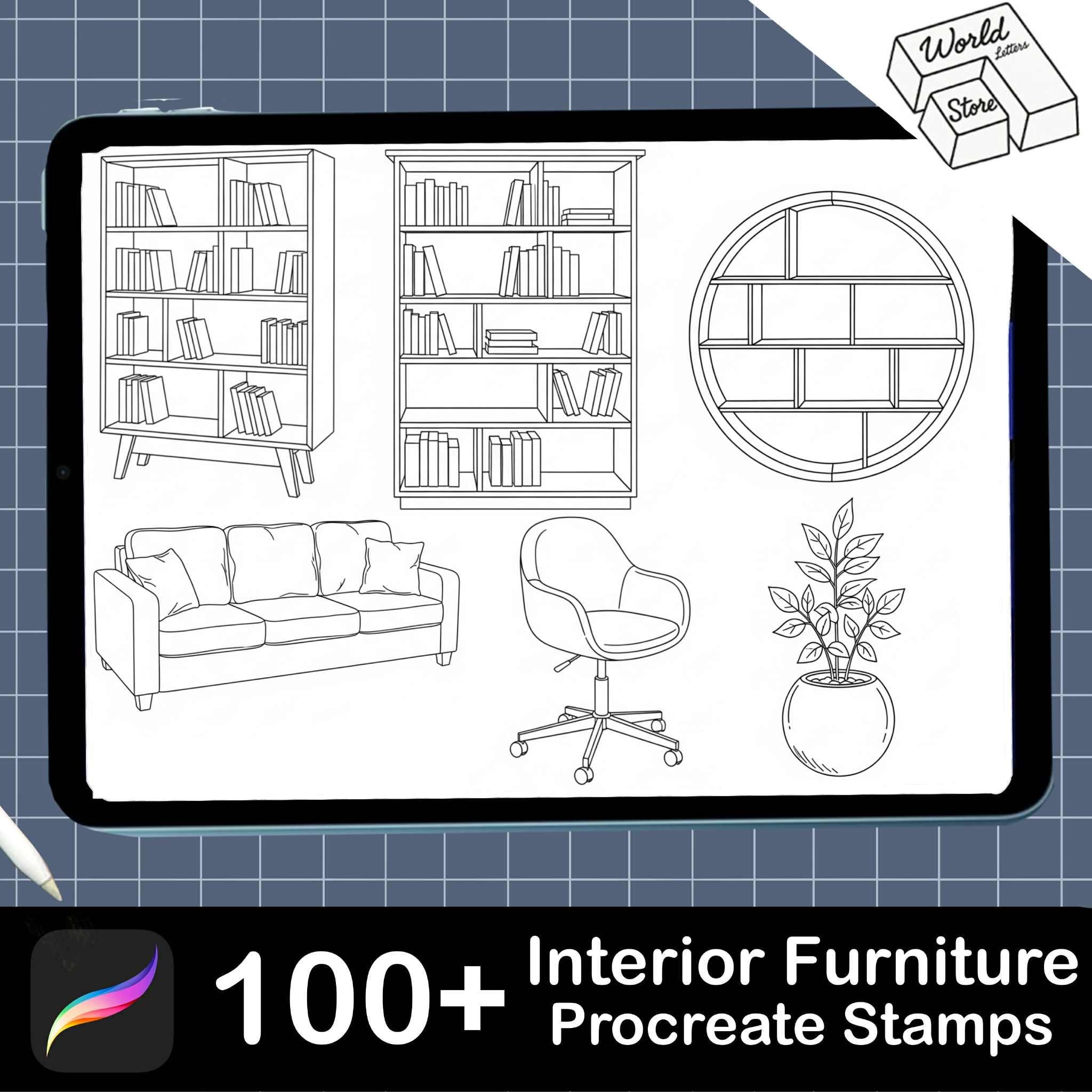 Procreate Interior Furniture Stamp Brushes: 100+ Home Design Sketches ...